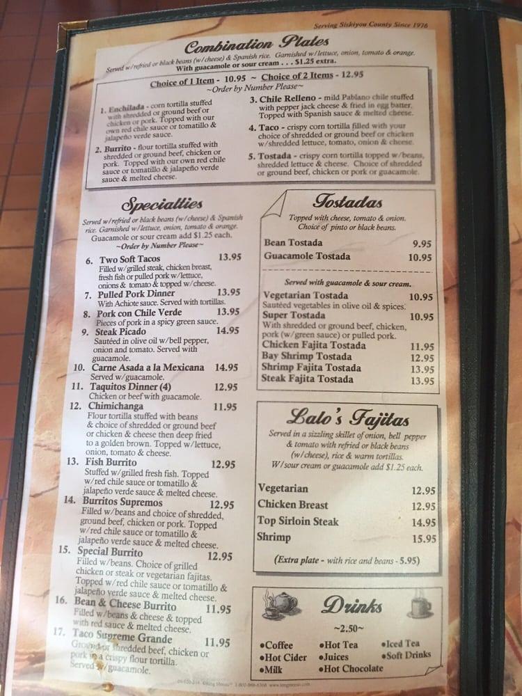 Menu at Lalo's Méxican Restaurant, Mount Shasta