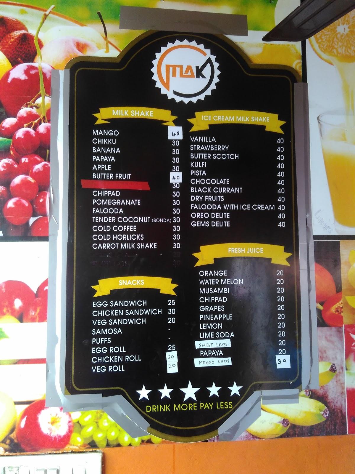 Menu at Sultan Cafe, Mangaluru