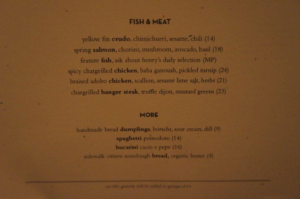 Menu at Ten Foot Henry restaurant, Calgary
