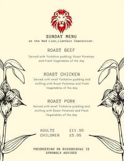 Menu at The Red Lion pub & bar, Llanfair Caereinion