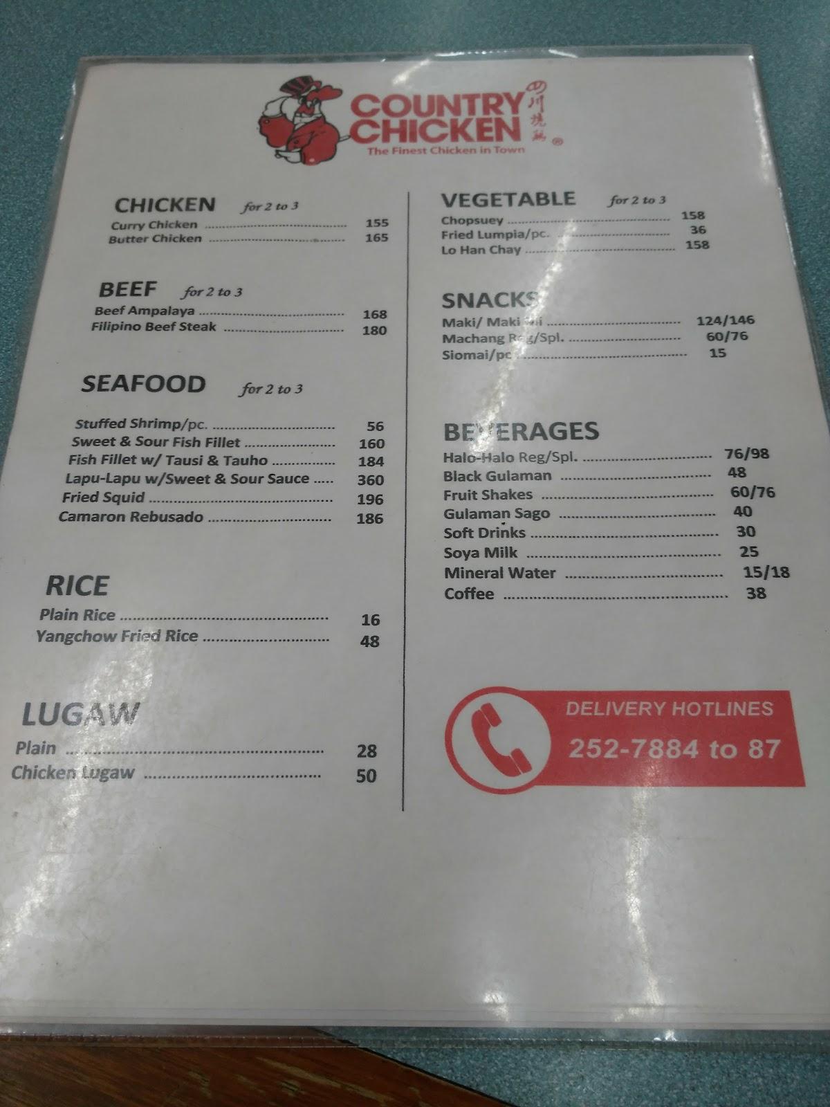 Menu at Country Chicken restaurant, Manila, Masangkay St
