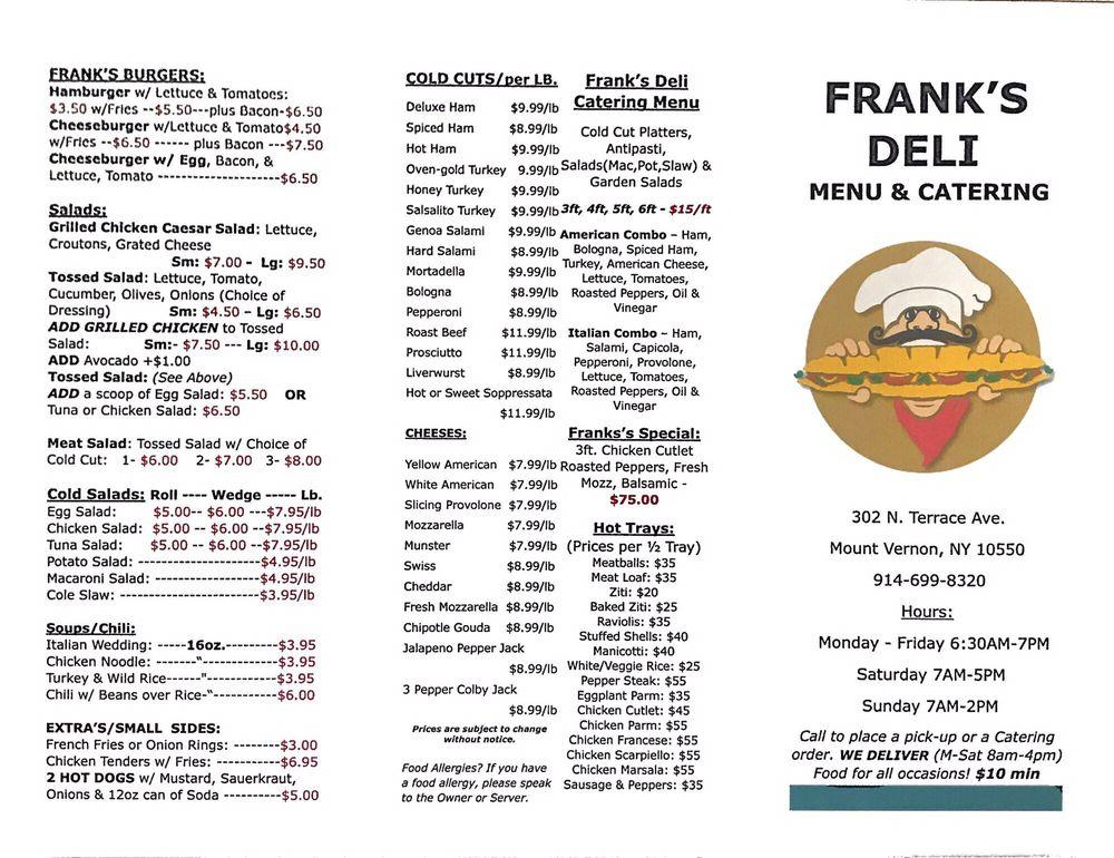 Menu at Frank's Deli, Mount Vernon