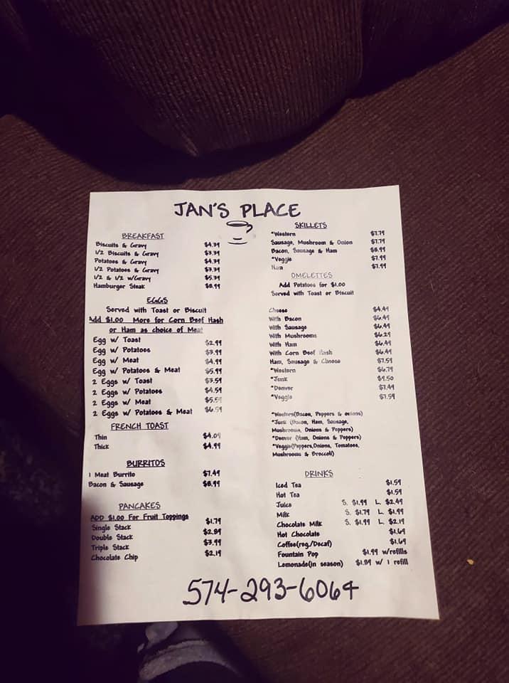 Menu at Jan's Place restaurant, Elkhart