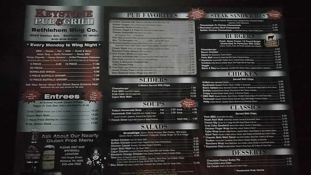 Menu at Keystone Pub, Bethlehem
