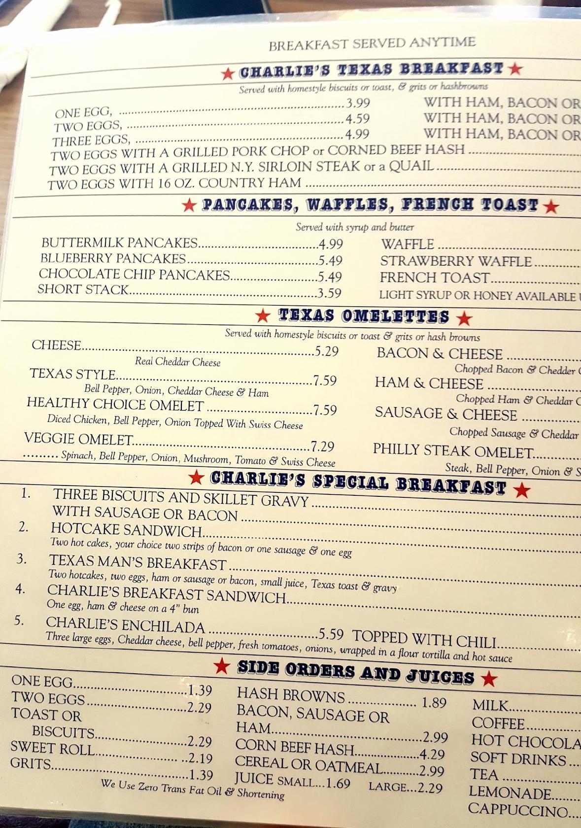 Menu at Lone Star Charlie's Family Restaurant, Livingston