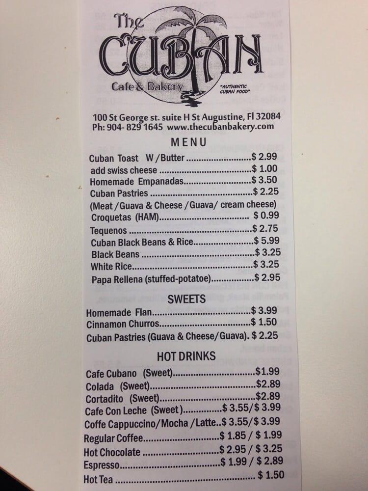 Menu at The Cuban Café And Bakery, St. Augustine