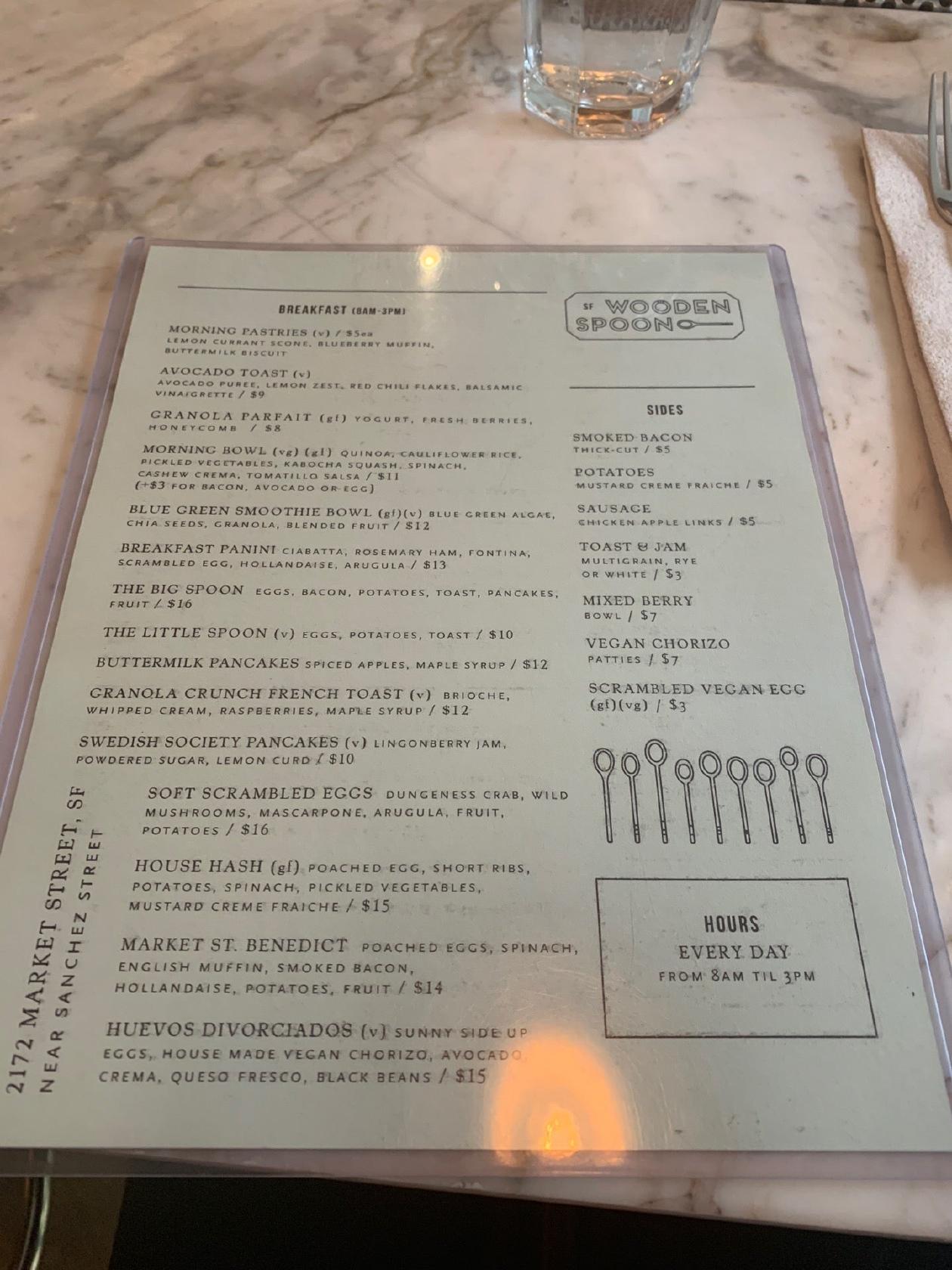 Menu at Wooden Spoon restaurant, San Francisco