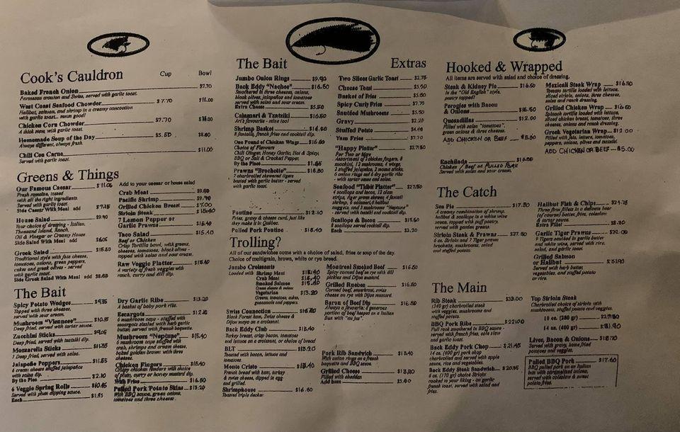 Menu at Back Eddy Pub, Terrace