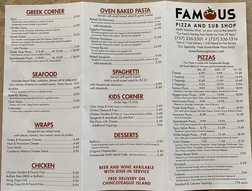 Menu at Famous Pizza & Sub Shop pizzeria, Chincoteague Island