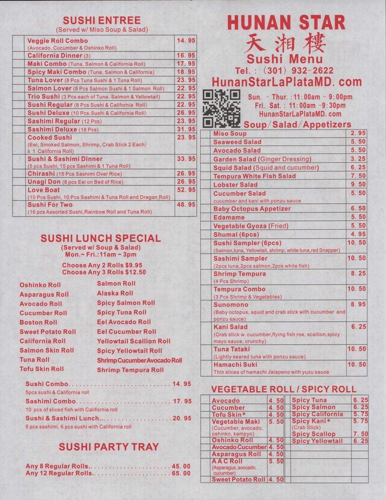 Menu at Hunan Star restaurant, La Plata