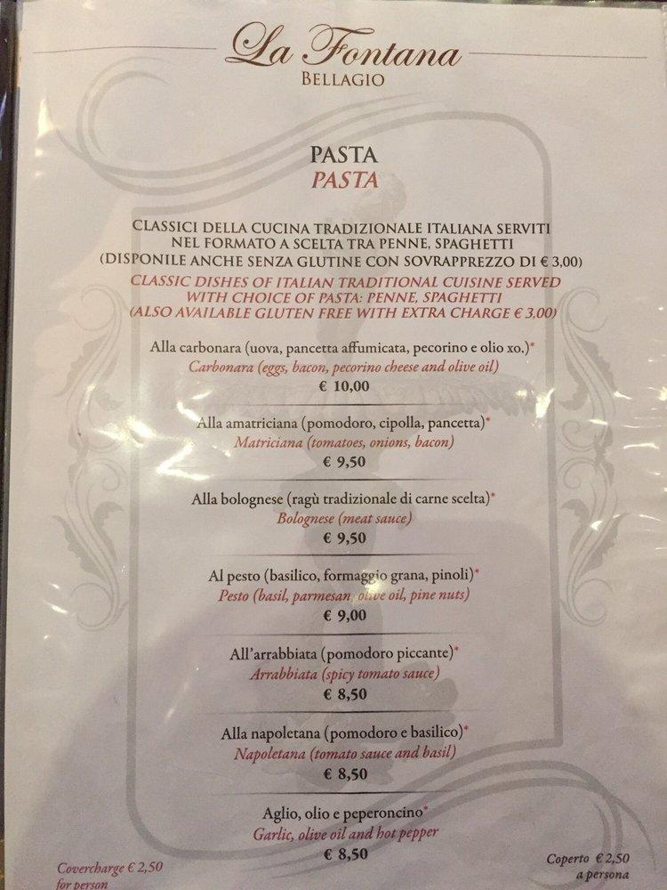 Menu da La Fontana Bellagio ristorante, Bellagio
