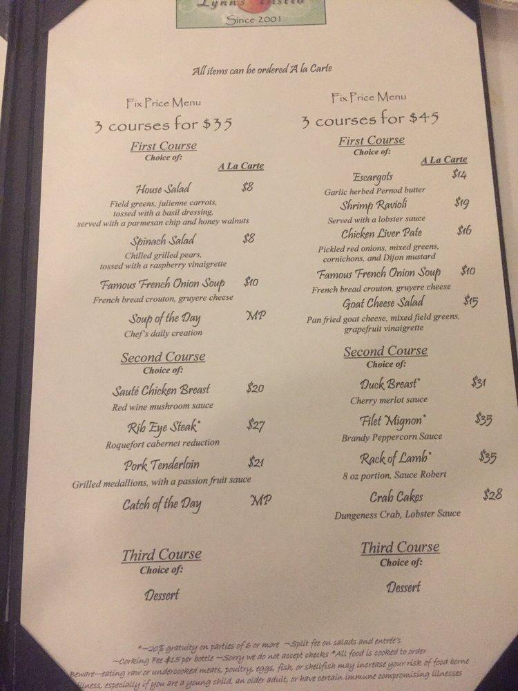 Menu at Lynn's Bistro restaurant, Kirkland