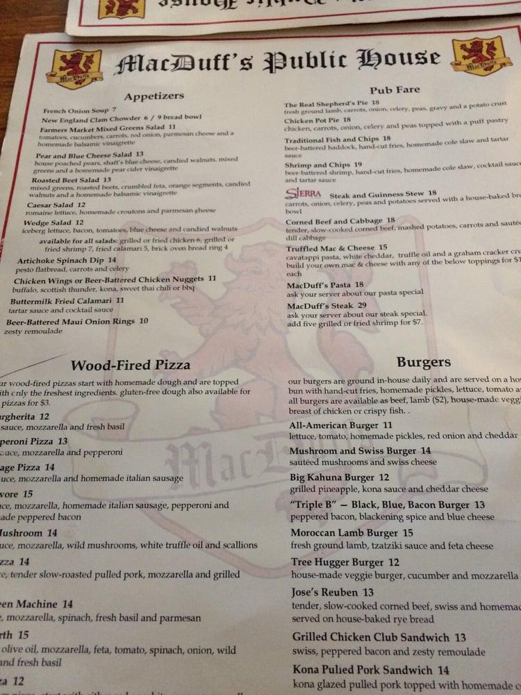 Menu at MacDuff's Pub, South Lake Tahoe