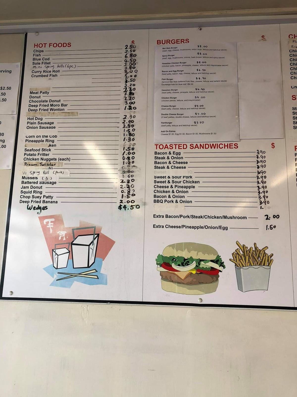 Menu at Mei Wah Takeaways fast food, Dunedin