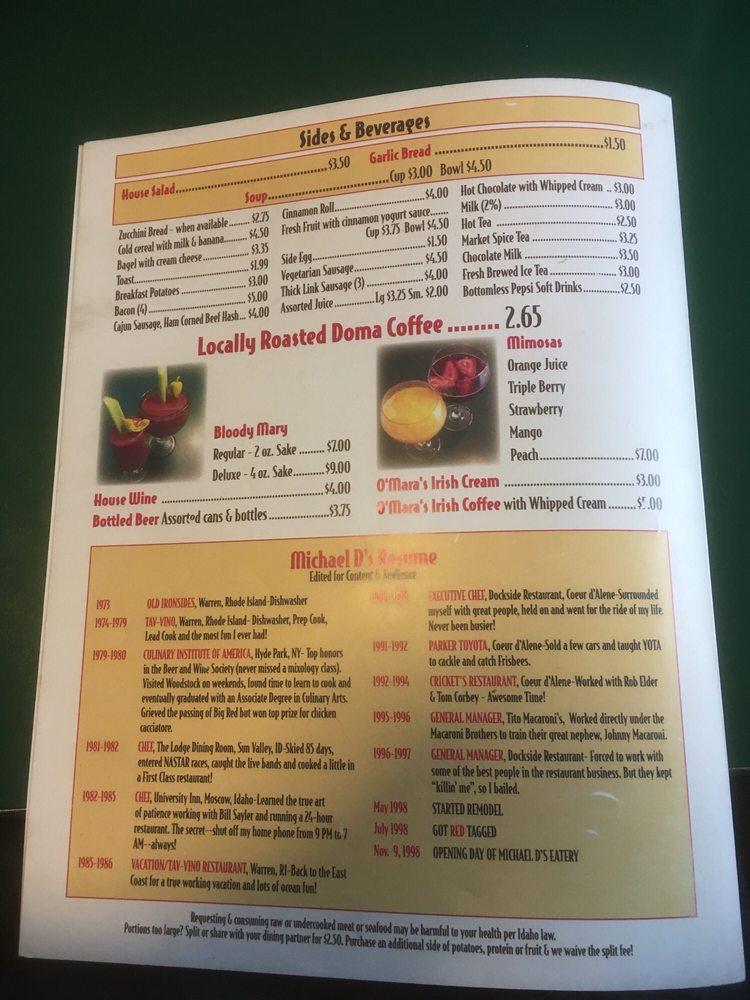 Menu at Michael D's Eatery restaurant, Coeur d'Alene