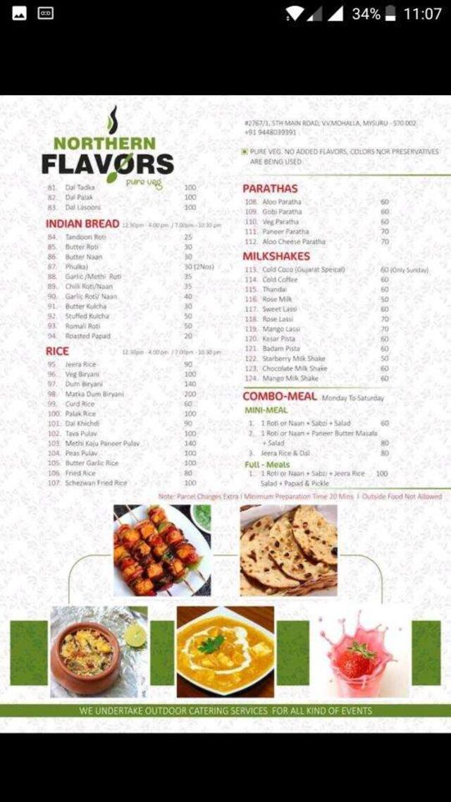 Menu at Northern Flavors, Mysuru, jewel palace