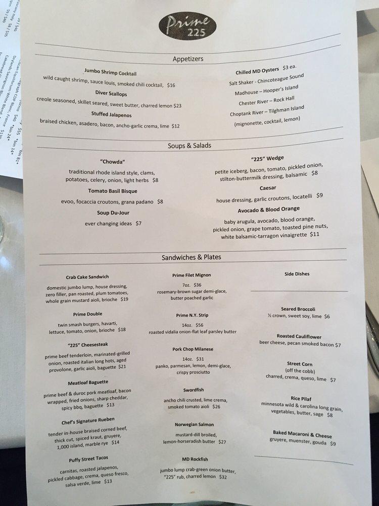 Menu at Prime 225 pub & bar, Chesapeake City