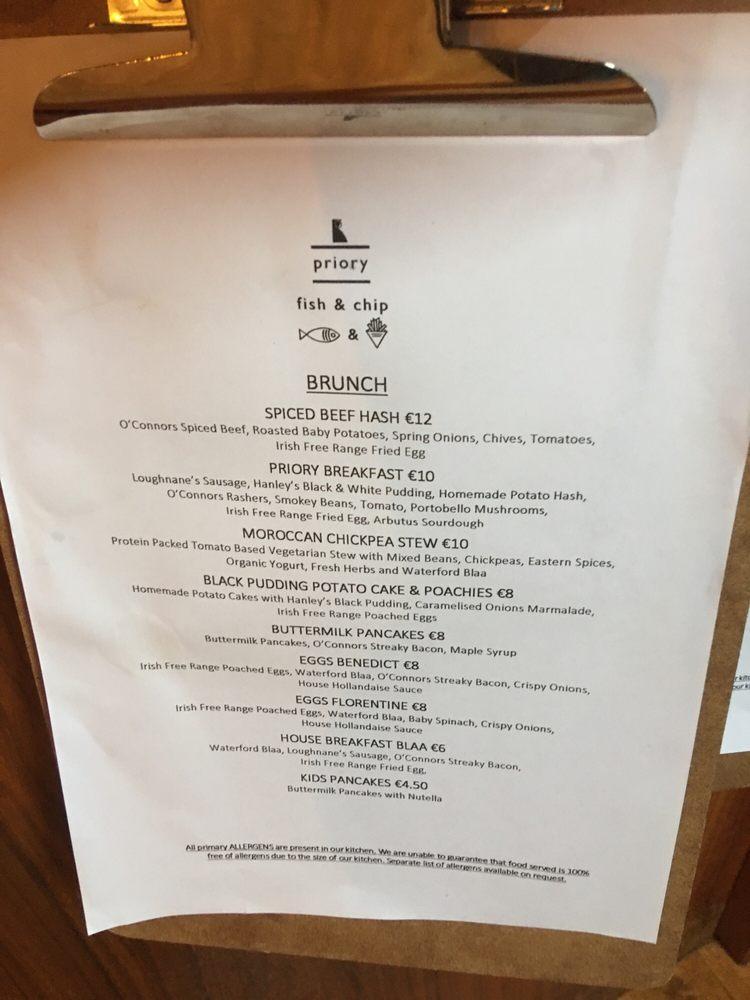 Menu at Priory Coffee Co. cafe, Youghal