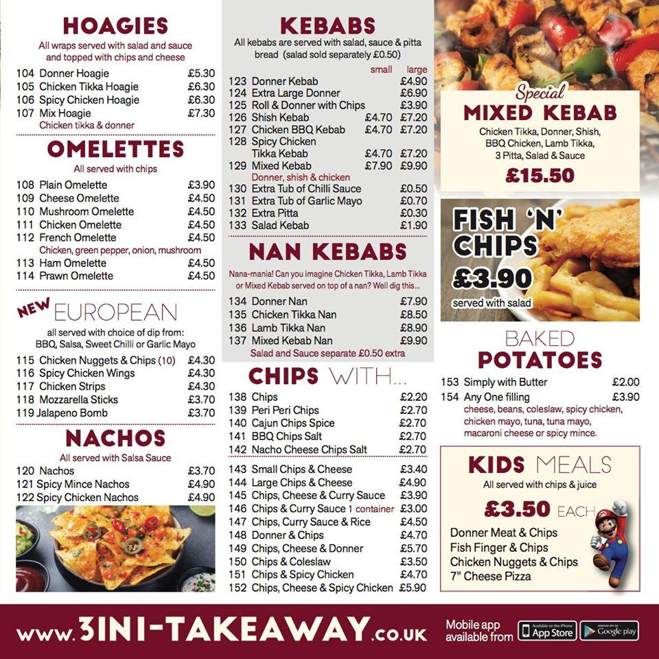 Menu at Three In One Takeaway Airdrie pizzeria, Airdrie