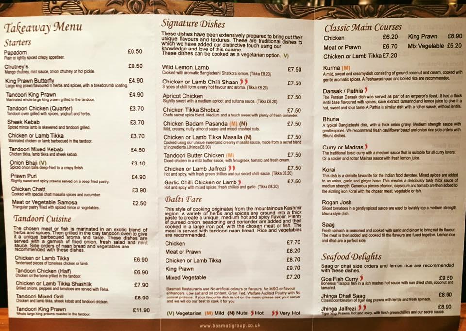 Menu at Basmati Indian Restaurant Locks Heath Southampton, Southampton