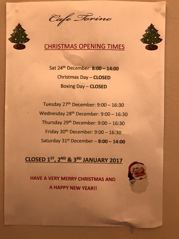 Menu at Cafe Torino, Glasgow