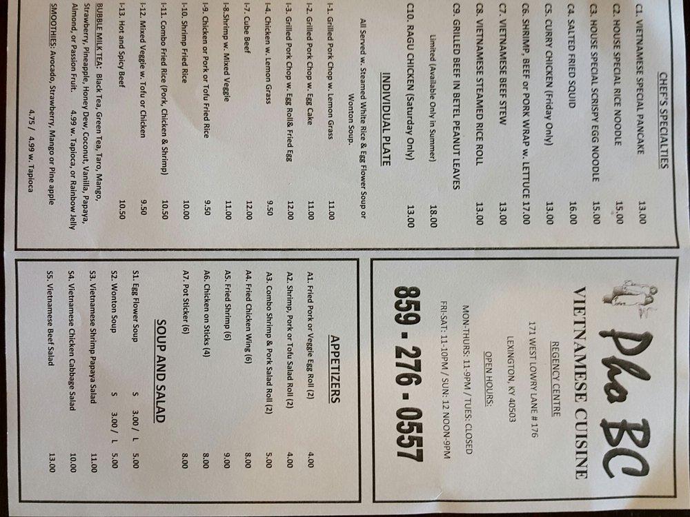 Menu at Pho BC restaurant, Lexington, 171 W Lowry Ln #168