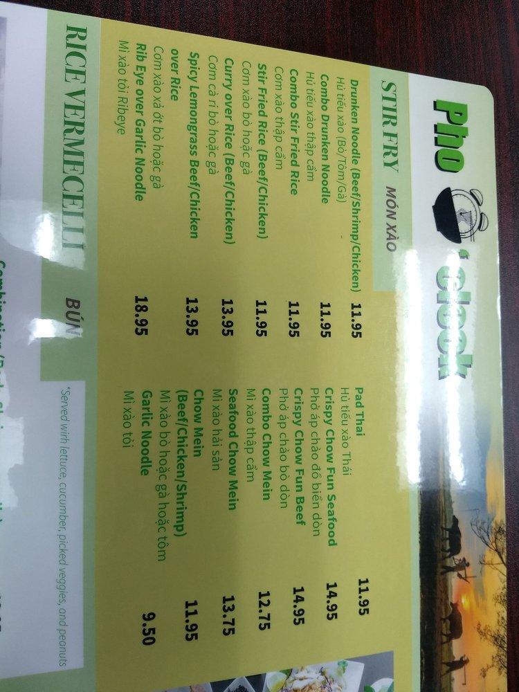Menu at Pho o'clock restaurant, Modesto