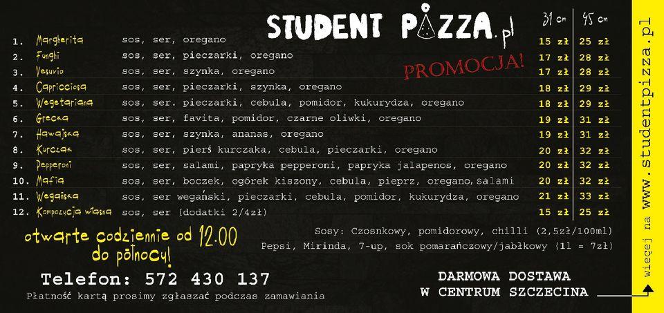 Menu at Student Pizza pizzeria, Szczecin