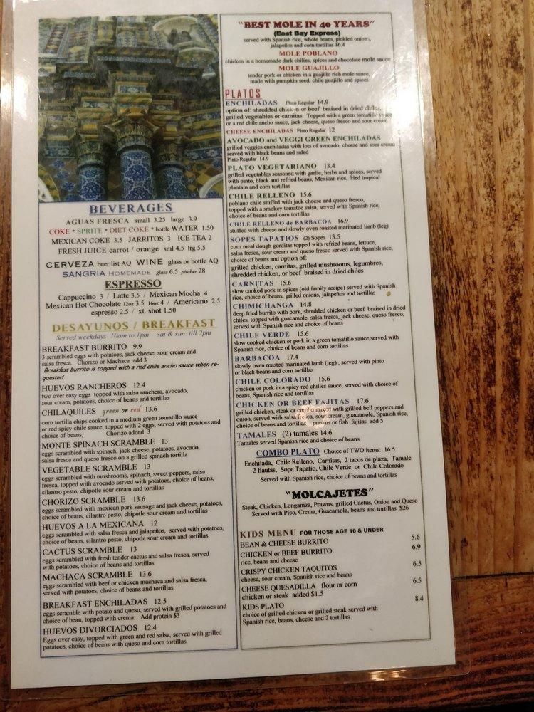 Menu at Talavera Cocina Mexicana restaurant, Berkeley, Solano Ave