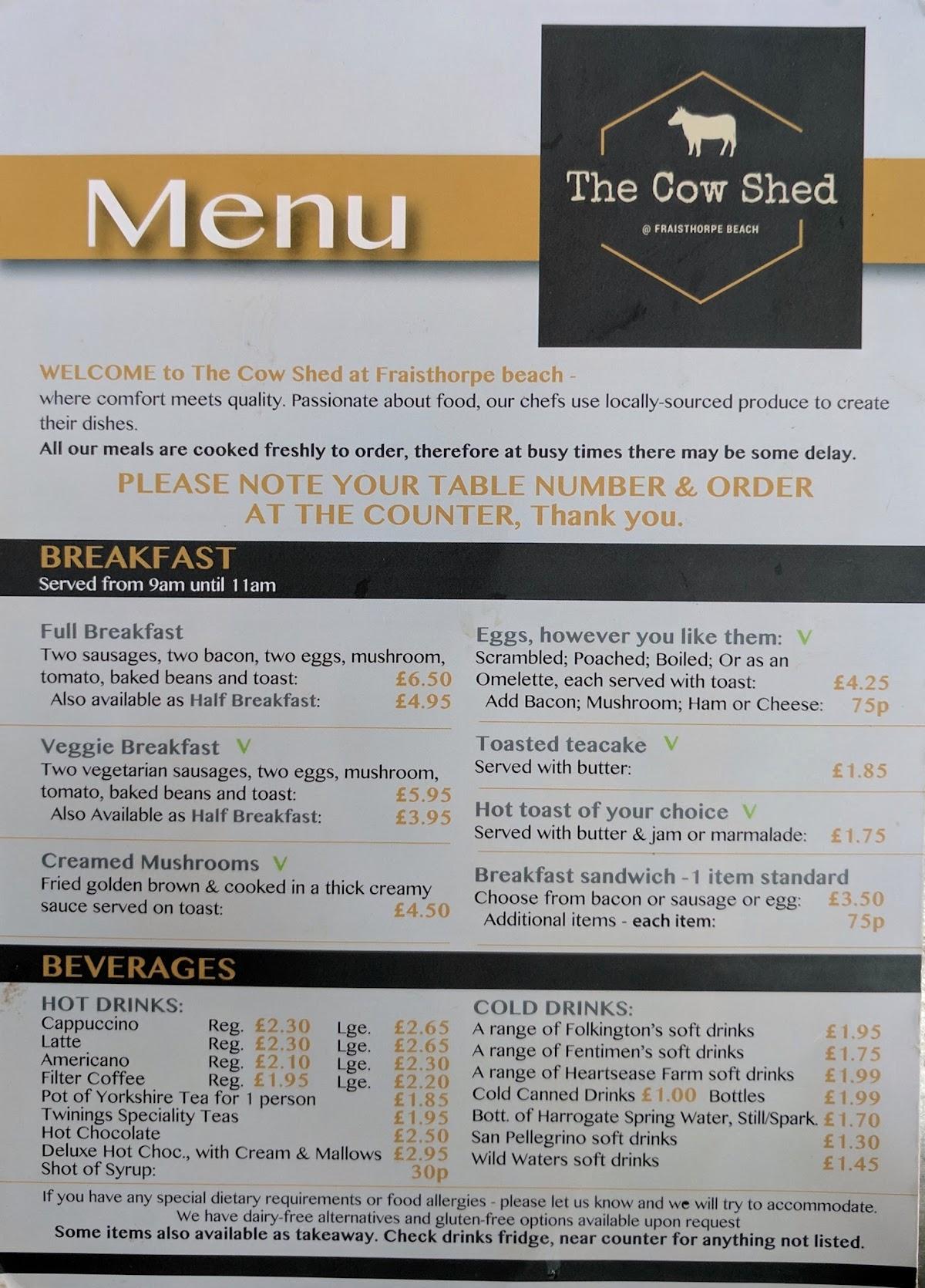 Menu at The Cow Shed At Fraisthorpe Beach cafe, Bridlington