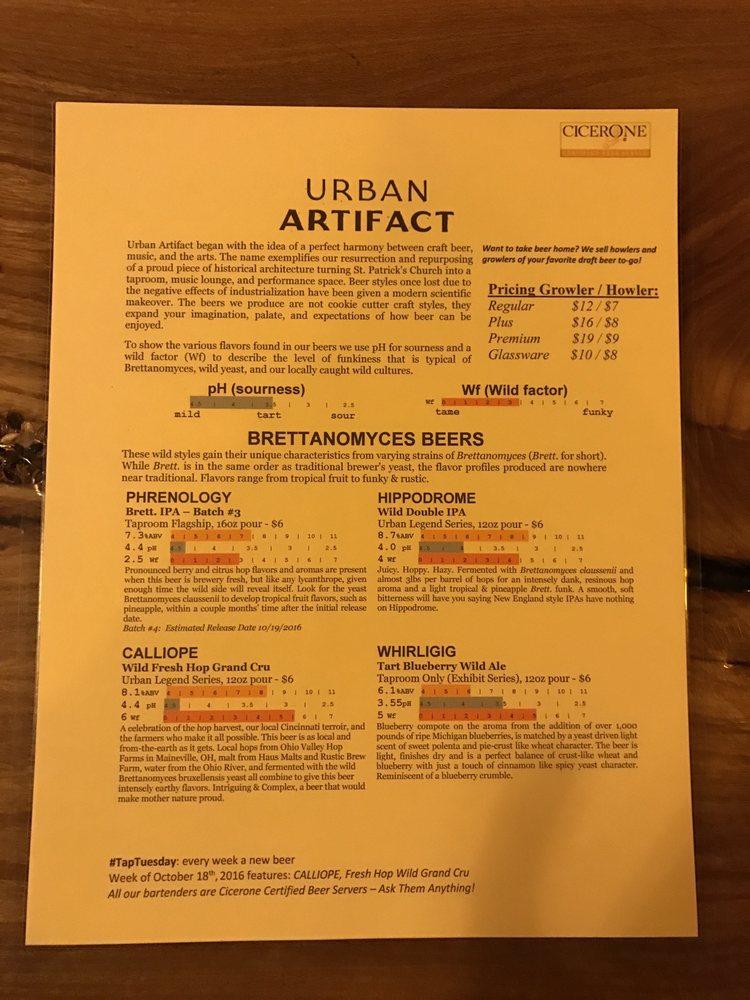 Menu at Urban Artifact restaurant, Cincinnati
