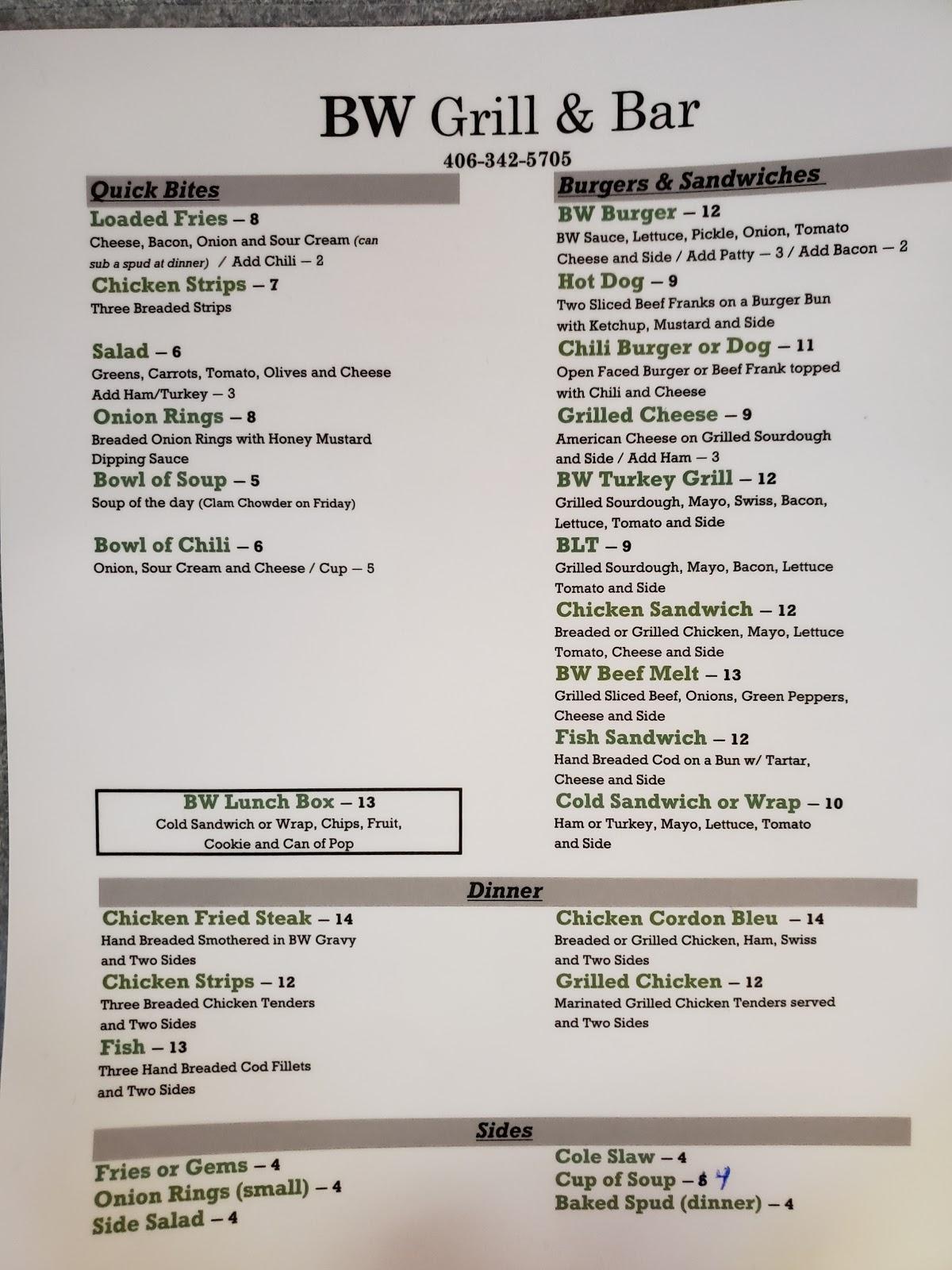 Menu at BW Grill and Bar, Hysham