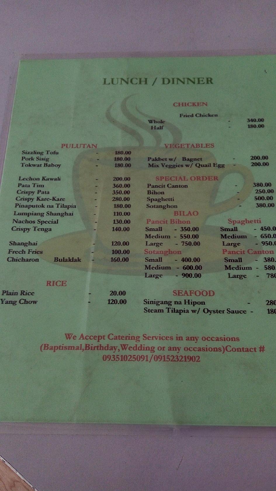Menu at Cafe, Calamba