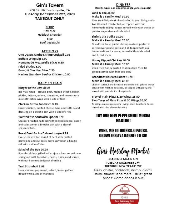 Menu at Gin's Tavern pub & bar, Factoryville