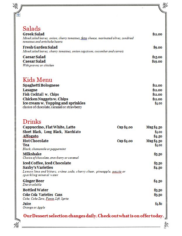 Menu at IL Colosseo pizzeria, Taree