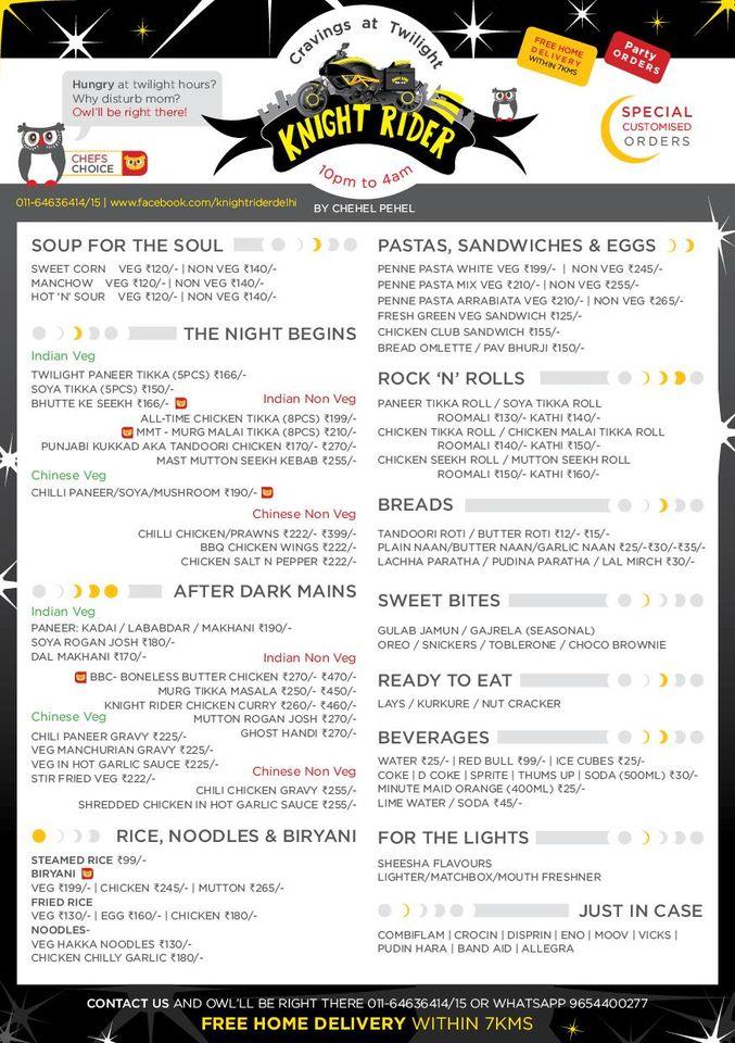 Menu at Knight Rider, New Delhi, B 45
