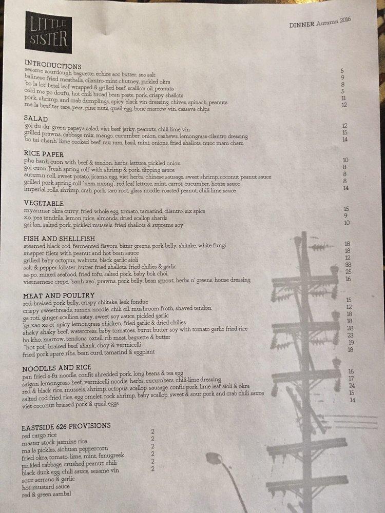 Menu at Little Sister DTLA restaurant, Los Angeles