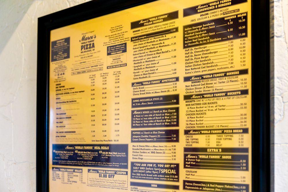 Menu at Marco's "World Famous" Pizza - Southeast pizzeria, Milwaukee, S ...