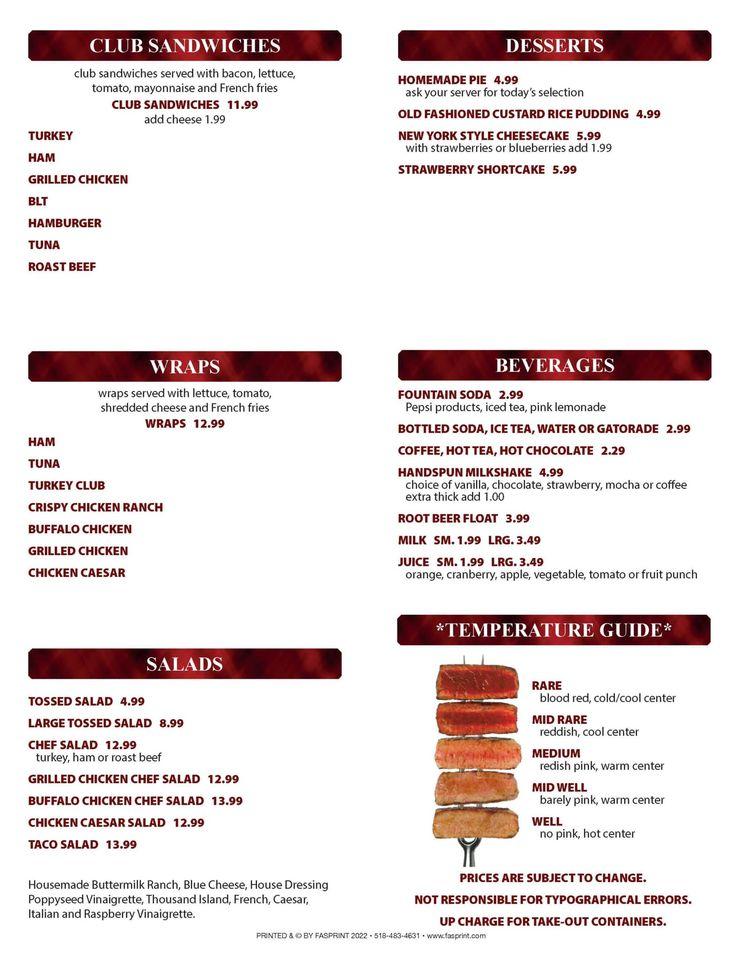 Menu at Michigans Plus restaurant, Plattsburgh