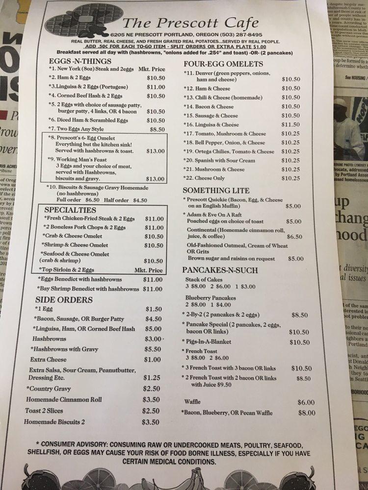 Menu at Prescott Cafe, Portland