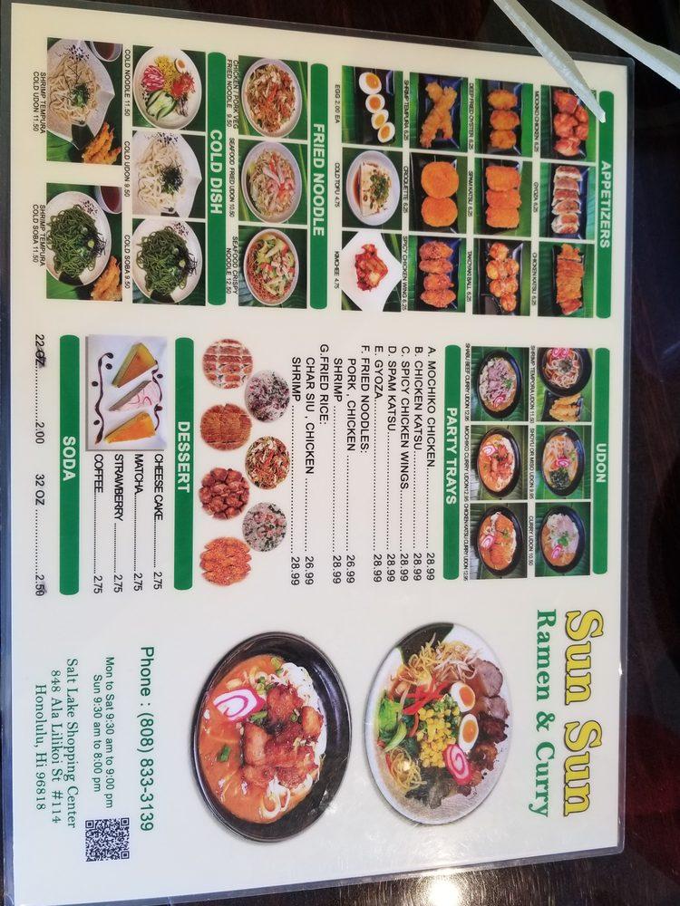 Menu at Sun Sun Ramen and Curry restaurant, Honolulu