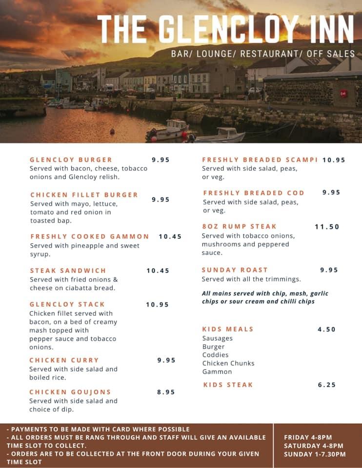 Menu at The Glencloy Inn pub & bar, Carnlough, 1 Bridge St