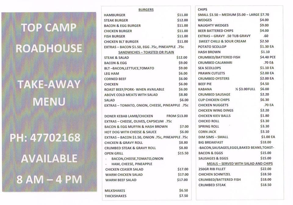 Menu at Top Camp Roadhouse & Caravan Park Ravenswood QLD restaurant ...