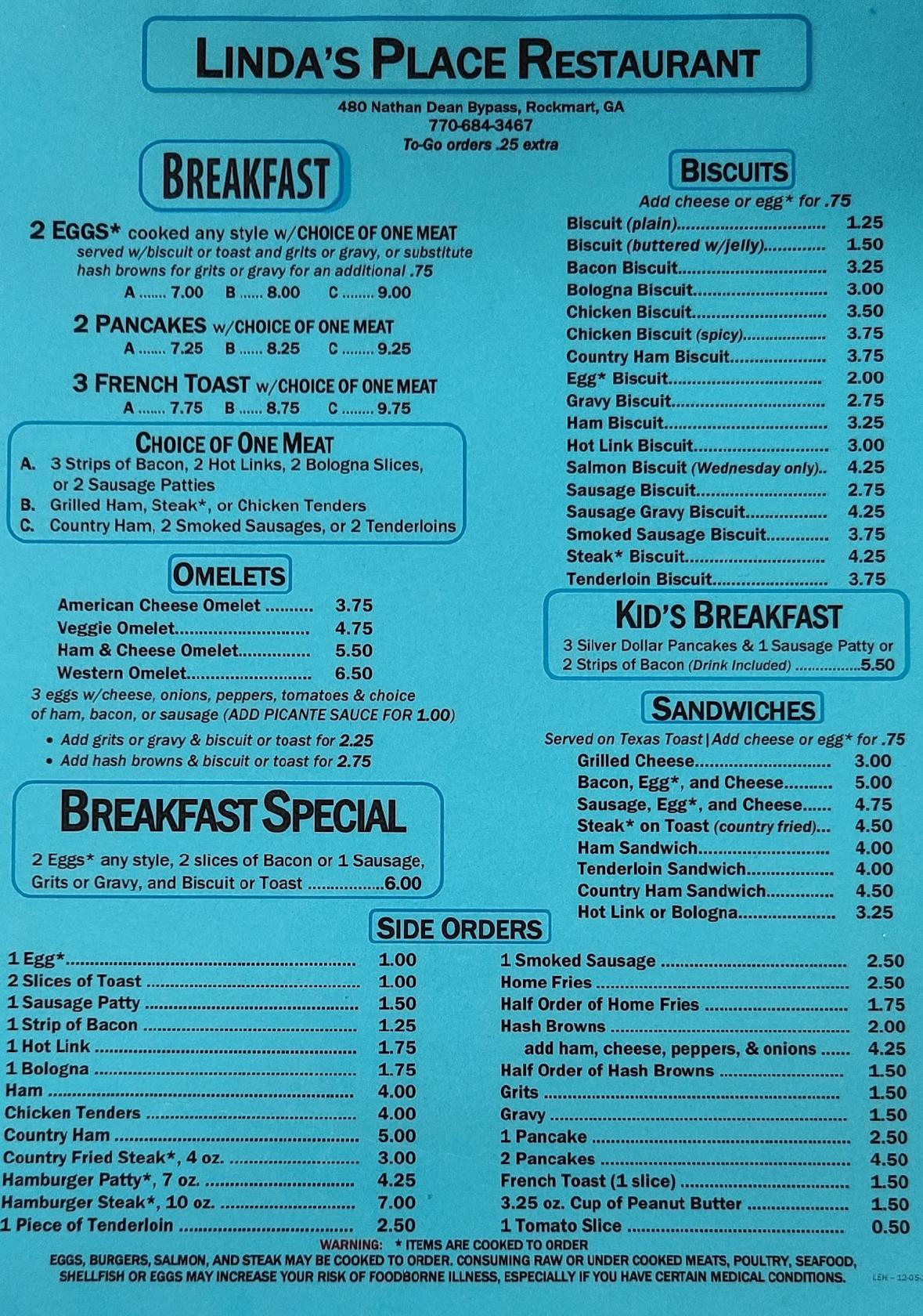 Menu at Linda's Place Restaurant, Rockmart
