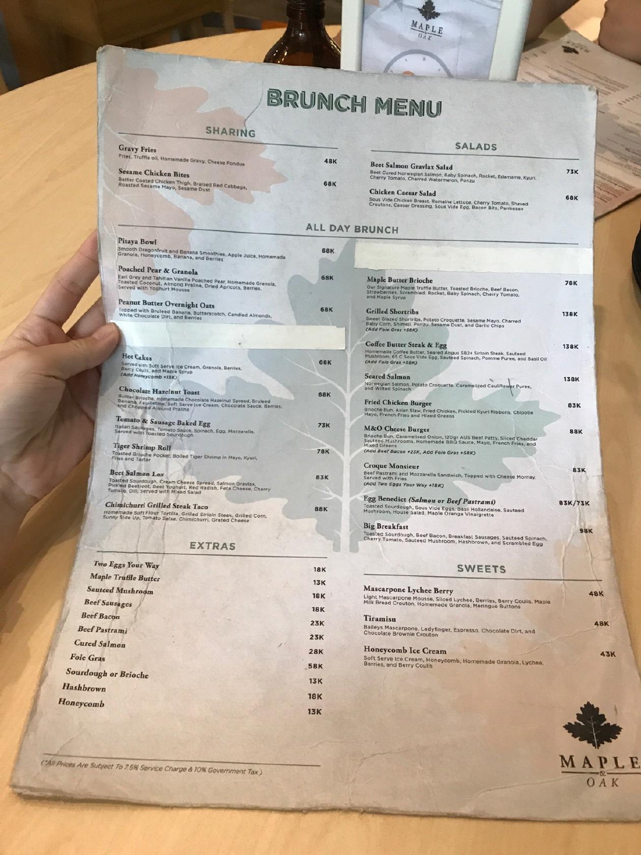 Menu at Maple and Oak restaurant, Jakarta