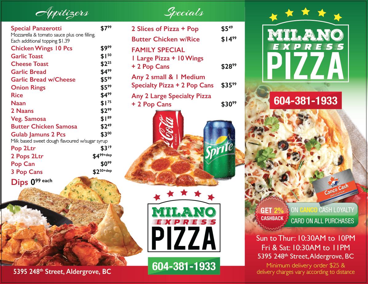 Menu at Milano Express Pizza restaurant, Abbotsford