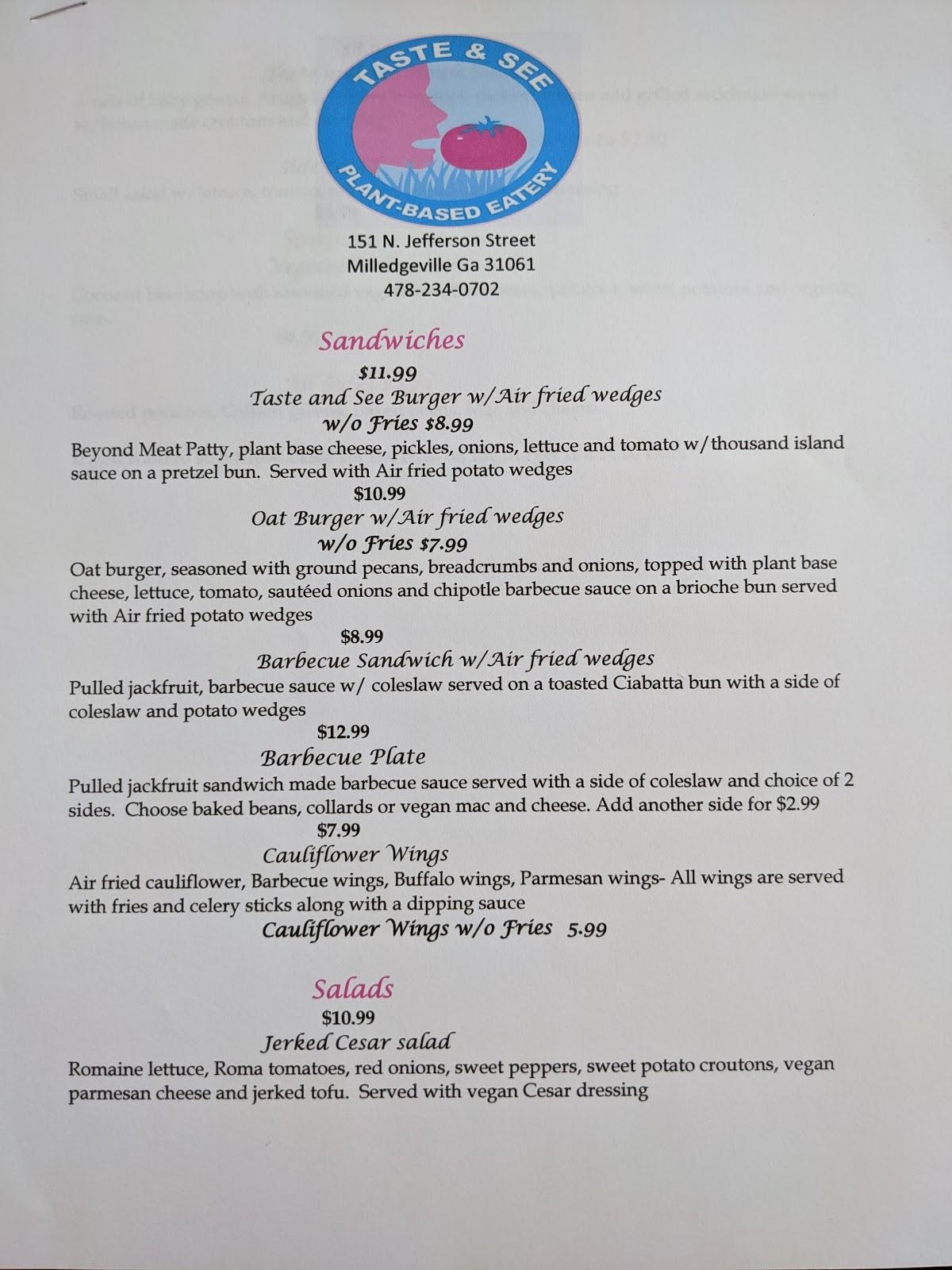 Menu at Taste and See - Plant Based Eatery restaurant, Milledgeville