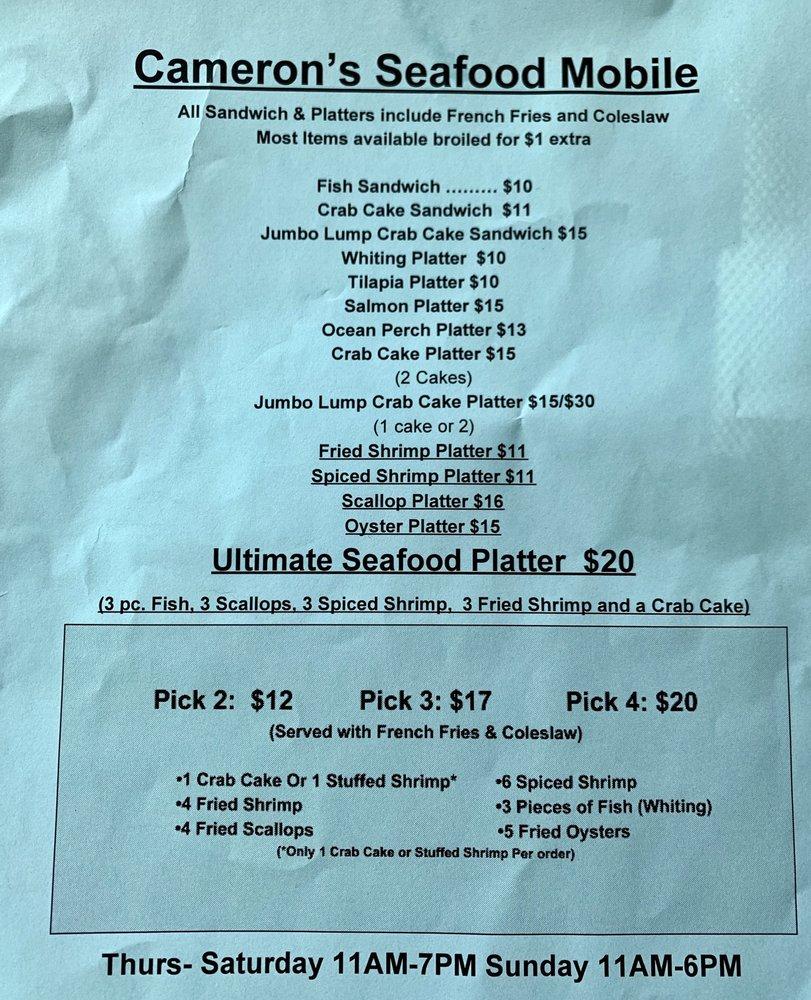 Menu at Cameron's Seafood cafe, Germantown