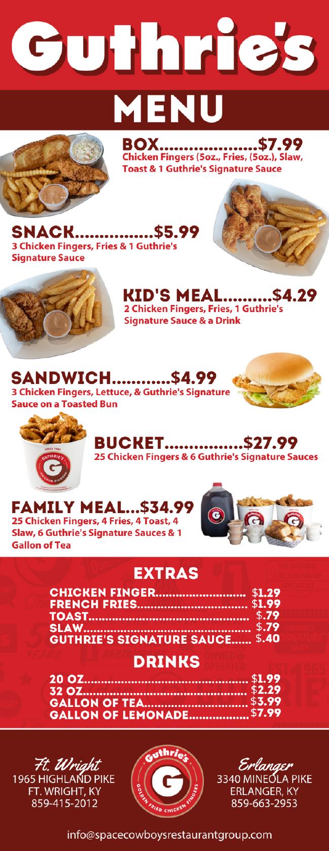 Menu at Guthrie's Chicken restaurant, Fort Wright