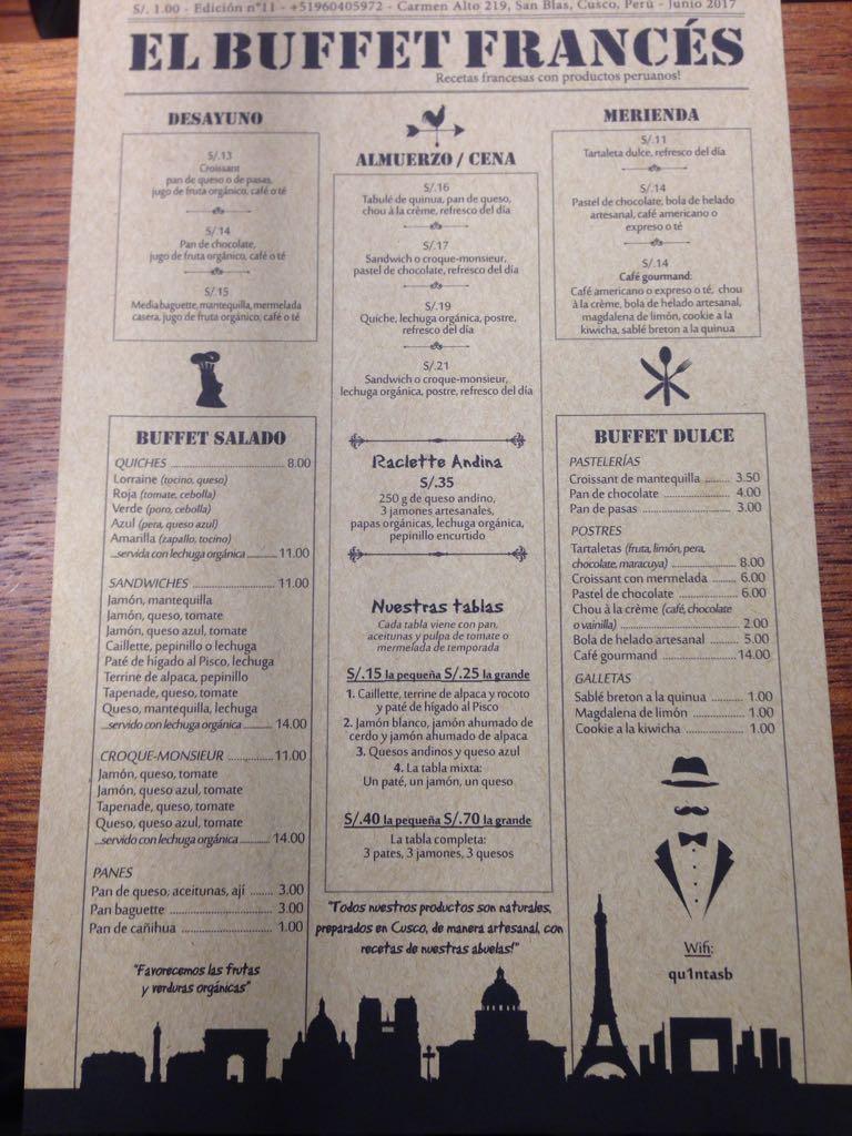 Menu at Le Buffet Francés restaurant, Cusco